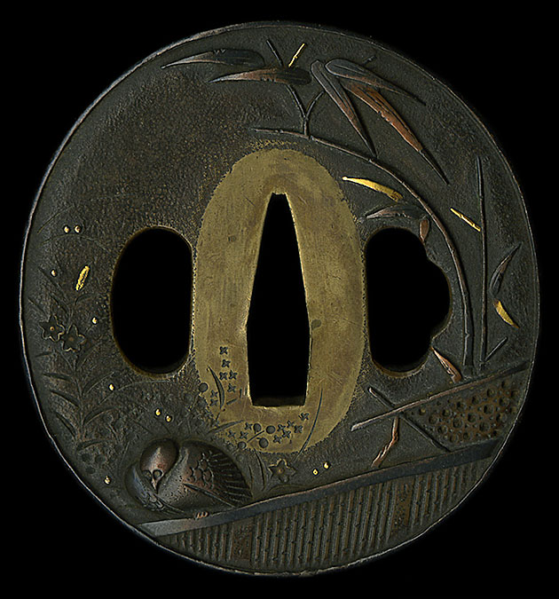 Japanese Sword Tsuba Sale - Shinchu Tsuba of Bird and Bamboo with Mixed ...